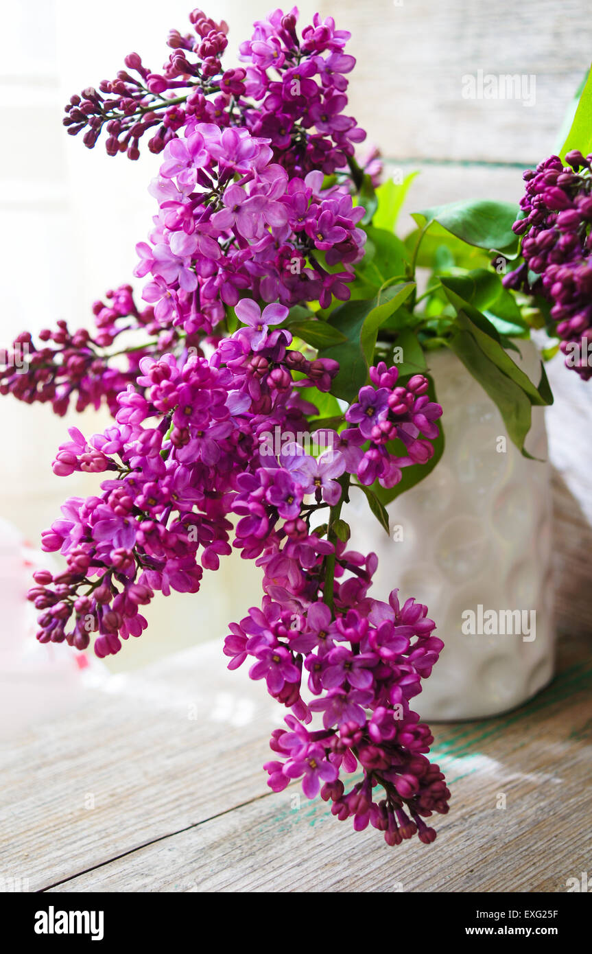 Lilac flowers in a pot in rustic interior Stock Photo - Alamy