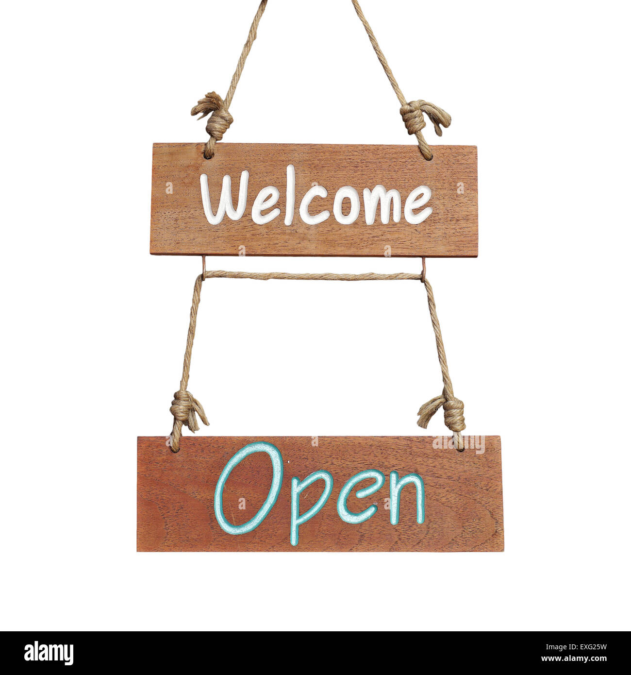 wooden sign with welcome and open word isolated on white background ...