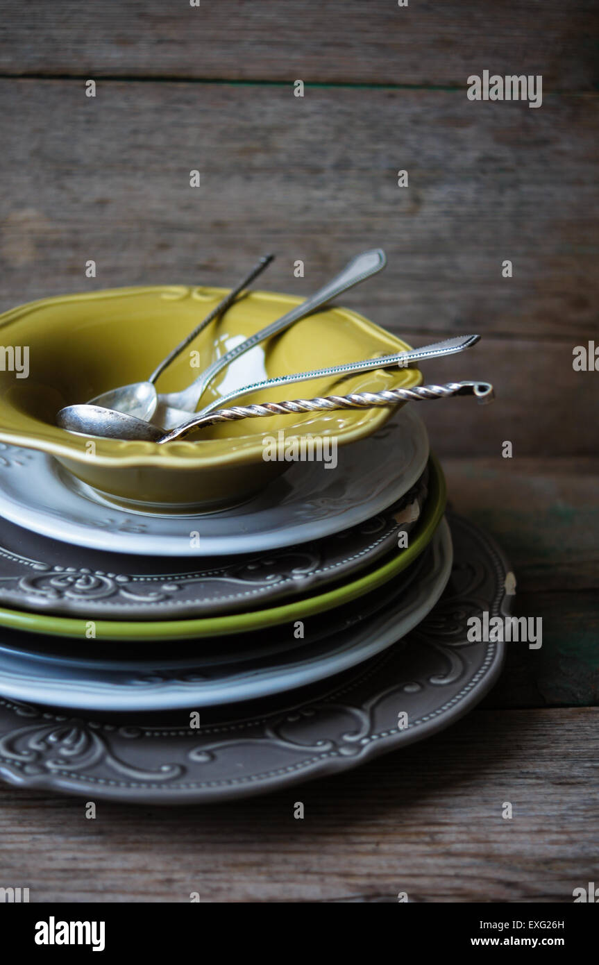 Vintage silverware on the old wooden table Stock Photo - Alamy