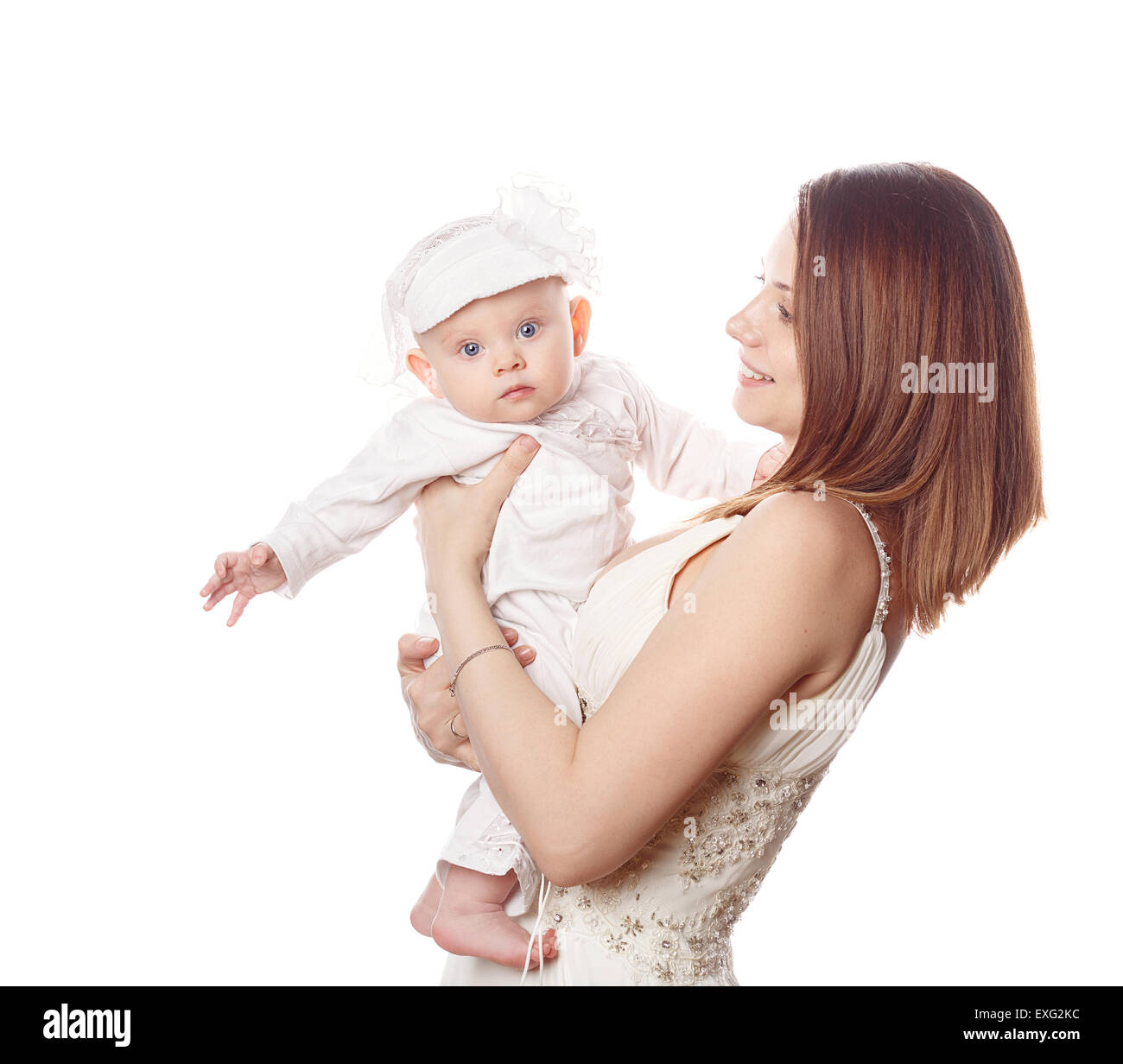 Happy mother is holding her firstborn. Isolated on white background ...