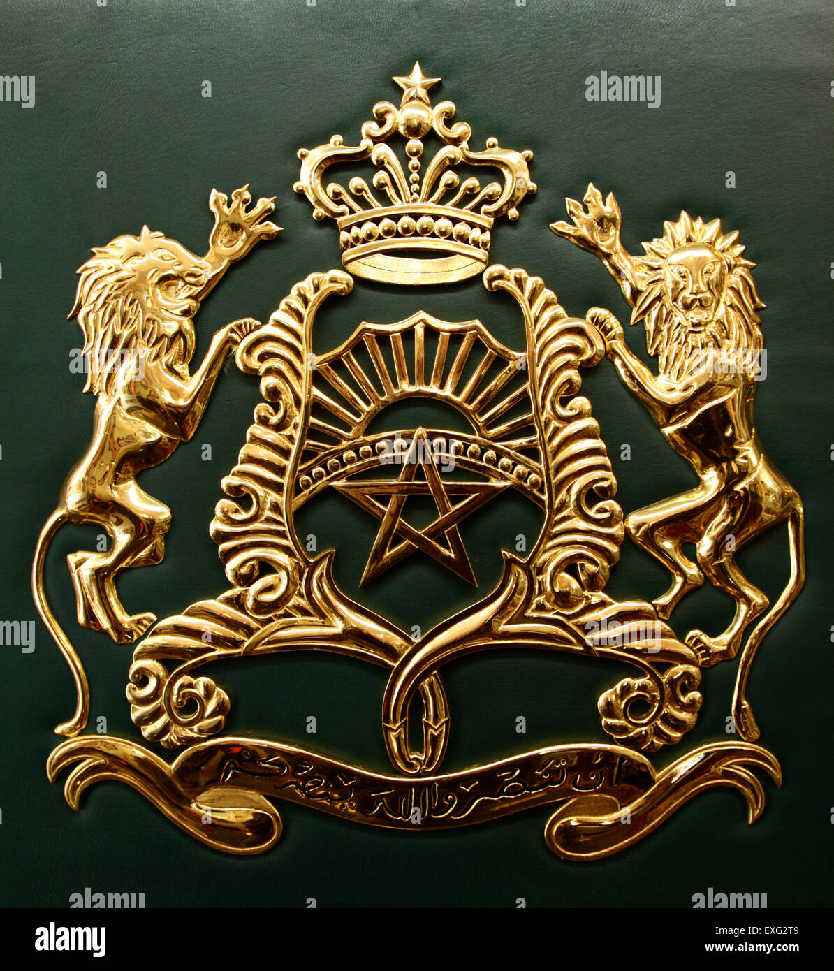 rich depiction of the Moroccan emblem, adorned in gold and beautifully ...