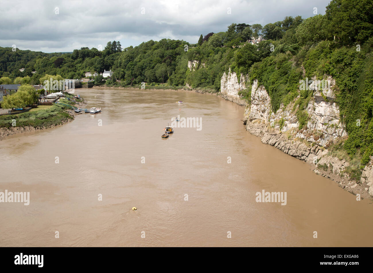 Cliff and meander loop of River Wye at Chepstow, Monmouthshire, Wales ...