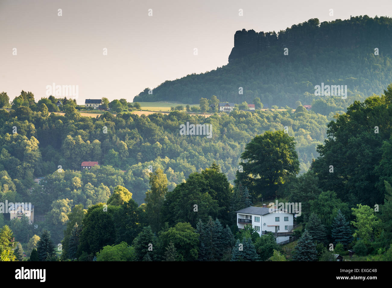 Landscape with houses, Saxonian Swiss, Saxony, Germany, Europe Stock ...