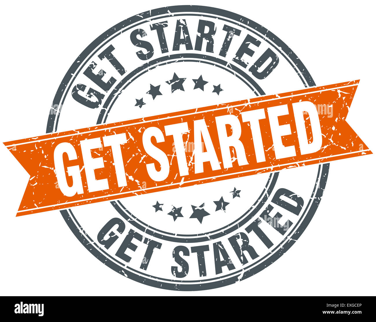 get started round orange grungy vintage isolated stamp Stock Photo - Alamy