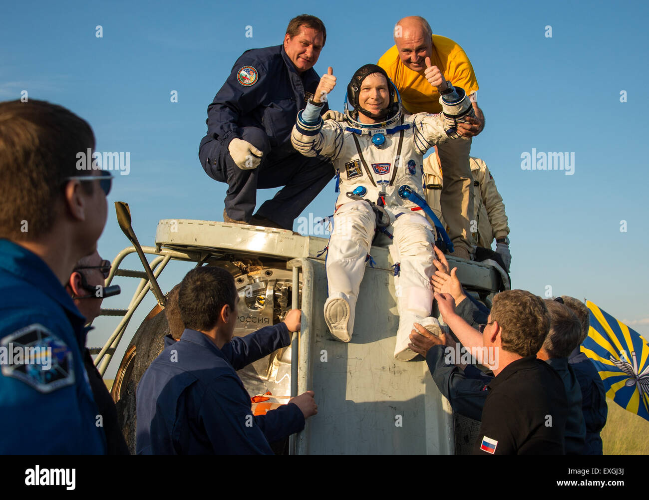 Expedition 43 commander Terry Virts, Russian cosmonaut Anton Shkaplerov, and ESA astronaut ...