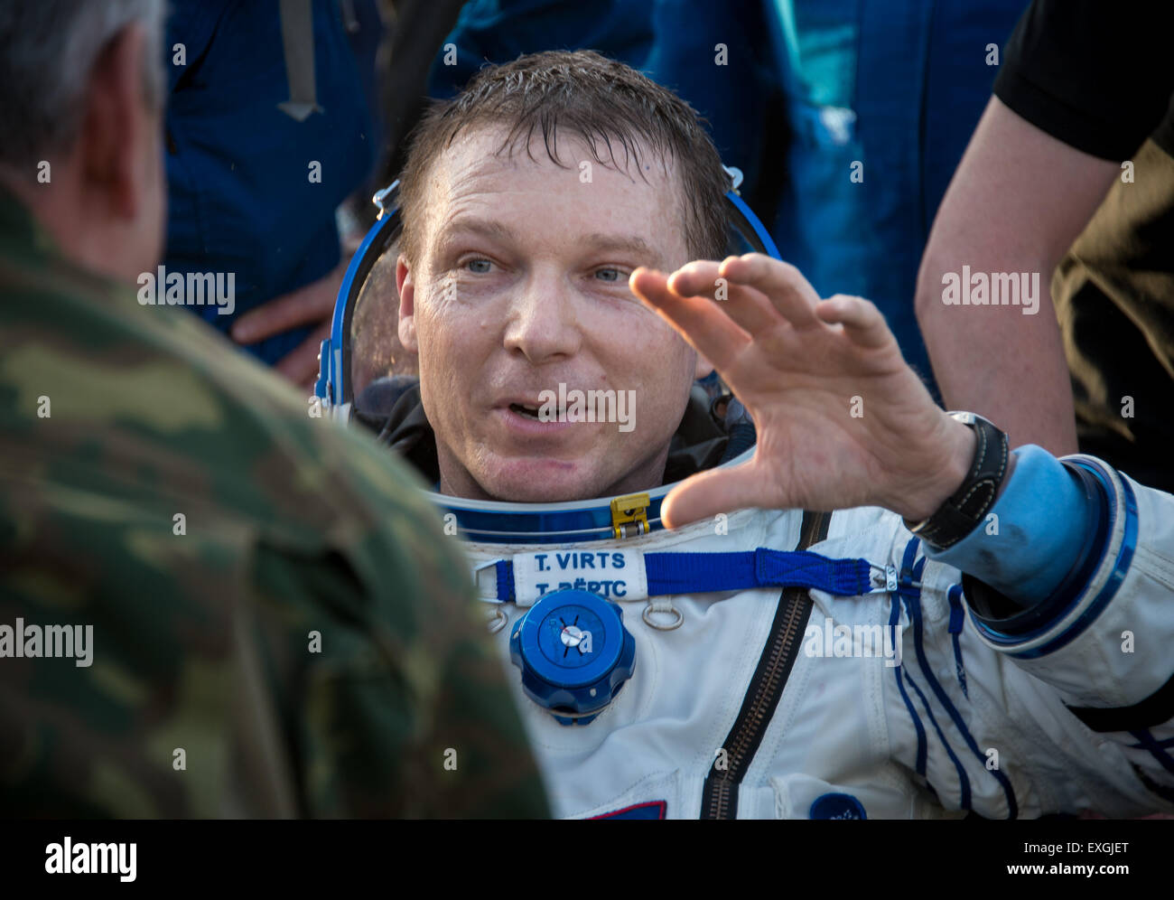 Expedition 43 Commander Terry Virts, alongside cosmonauts Anton ...