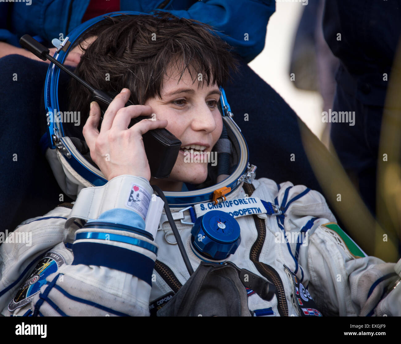 Expedition 43 Italian astronaut Samantha Cristoforetti from European Space Agency (ESA) rests in ...