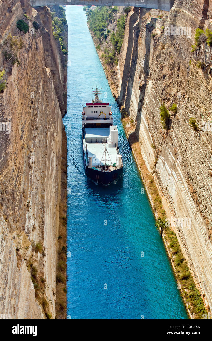 The boat crossing the Corinth channel in Greece, near Athens Stock ...