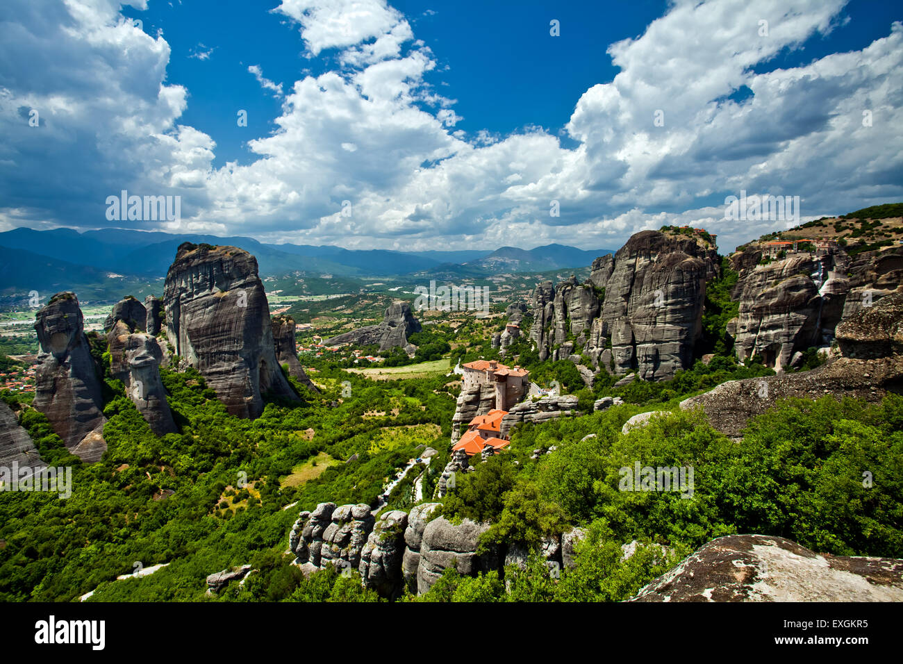The panorama view of monastery and rocks in Meteora, Greece Stock Photo ...