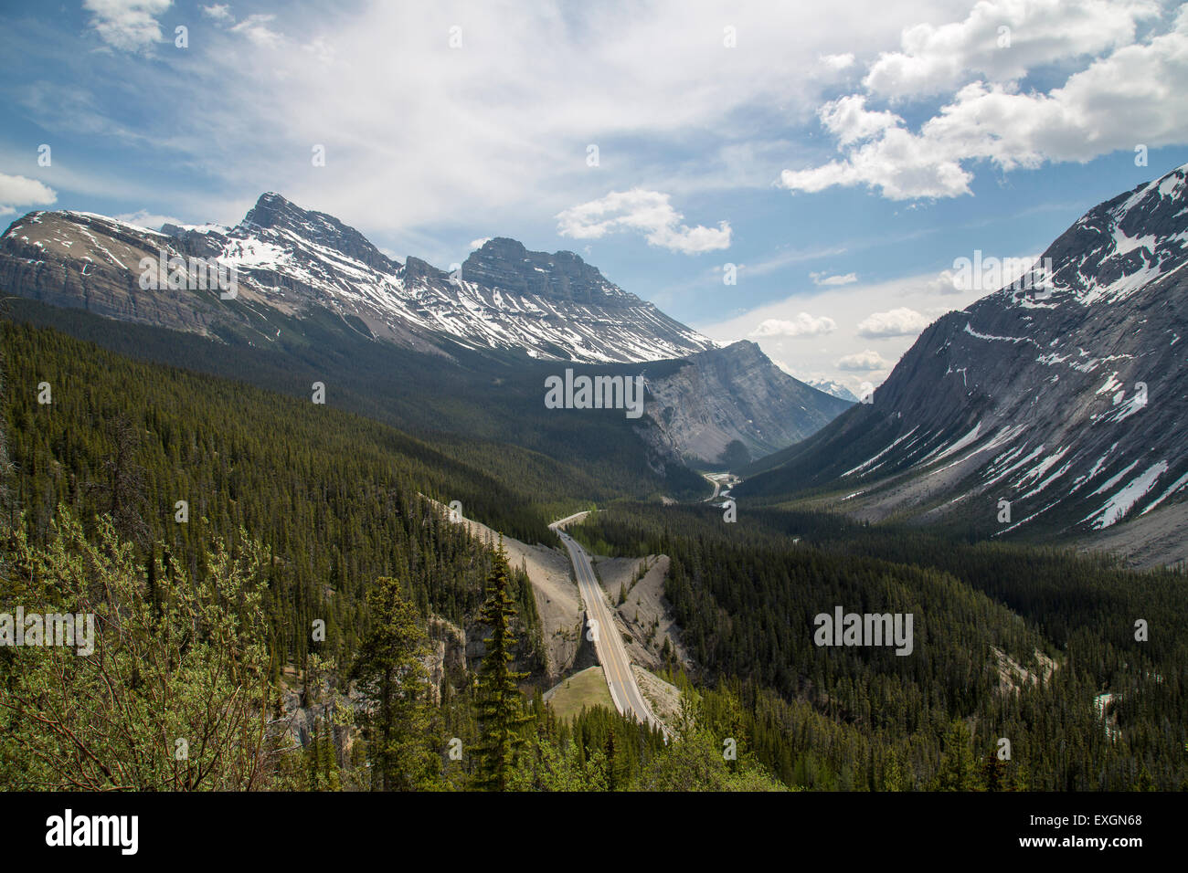 A view across the Icefields Parkway road in The Rockies, Canada Stock ...