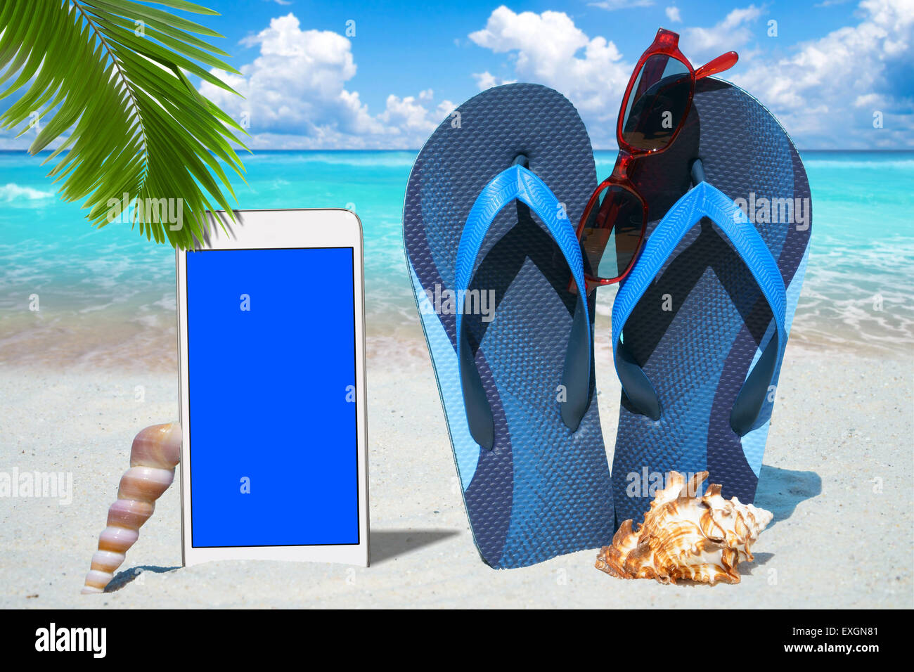 White Smartphone, Seashells, Sunglasses and blue Flip Flops on the ...