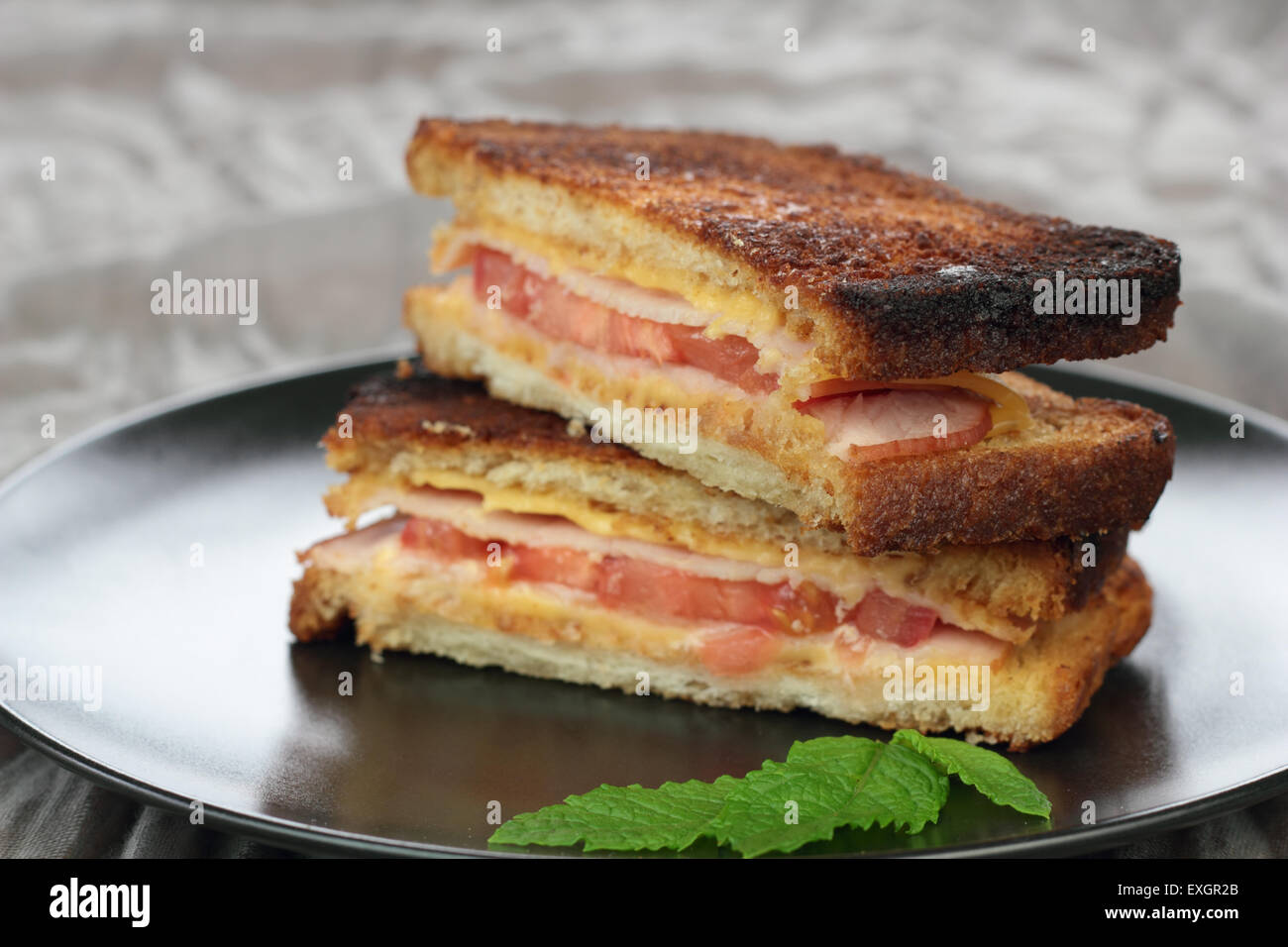 Closeup of halved ham and swiss cheese toast Stock Photo - Alamy