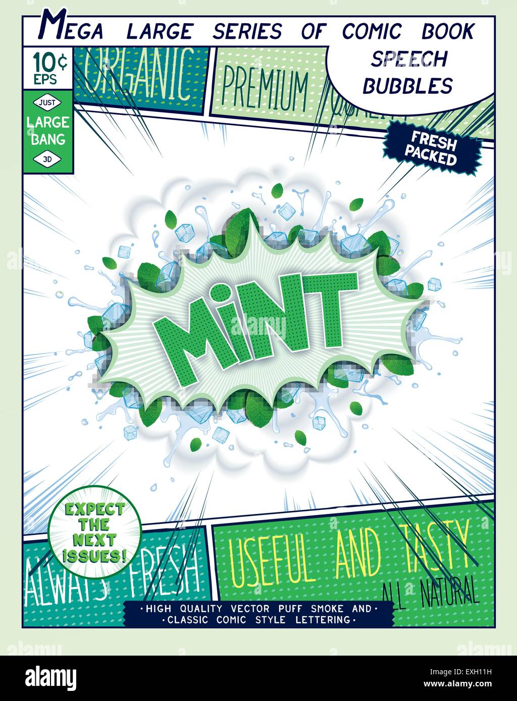 Mint. Colorful explosion with mint leaves, ice, water splashes and ...