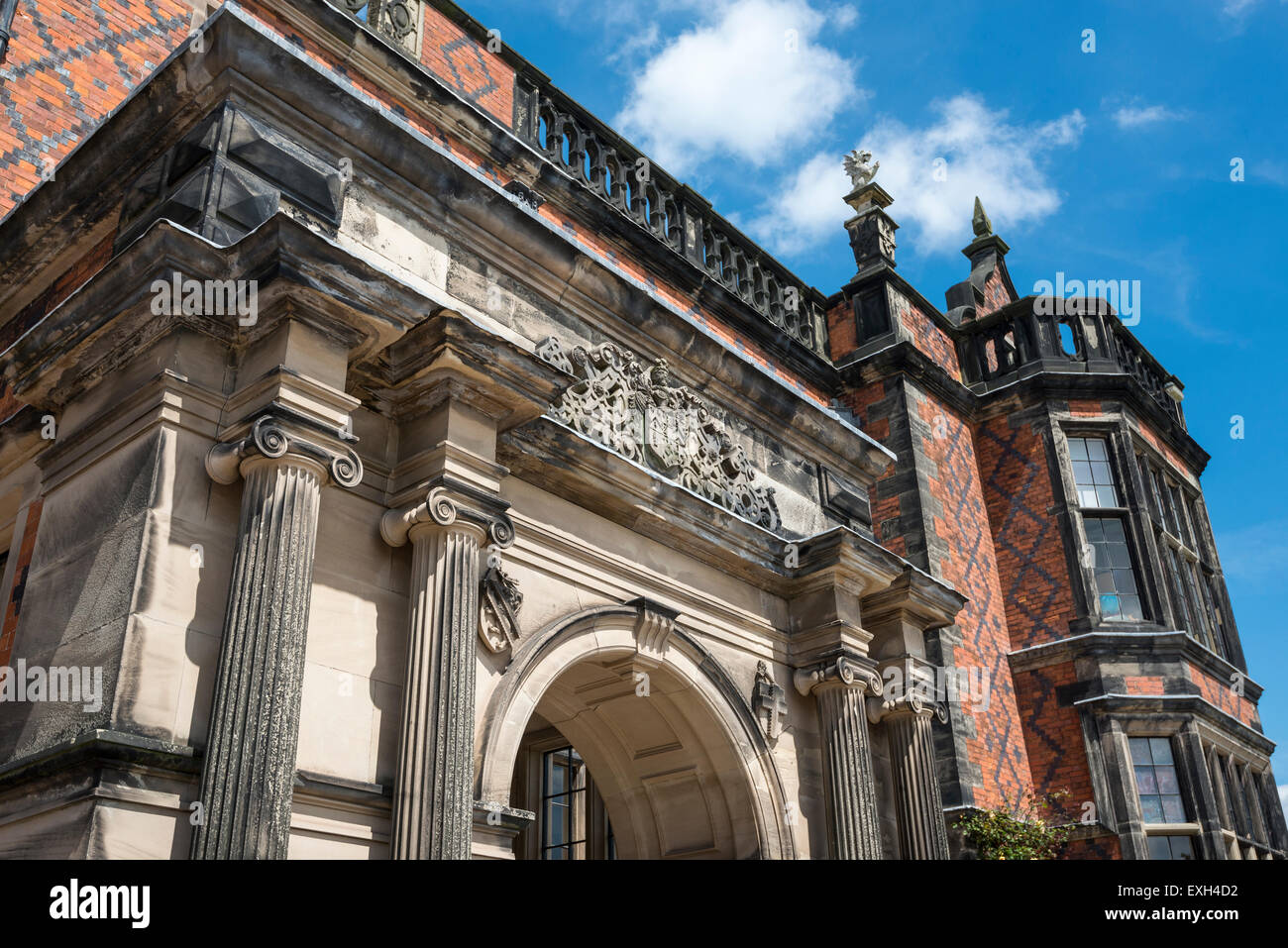 Front entrance detail of Arley Hall in Cheshire on a sunny summer day ...