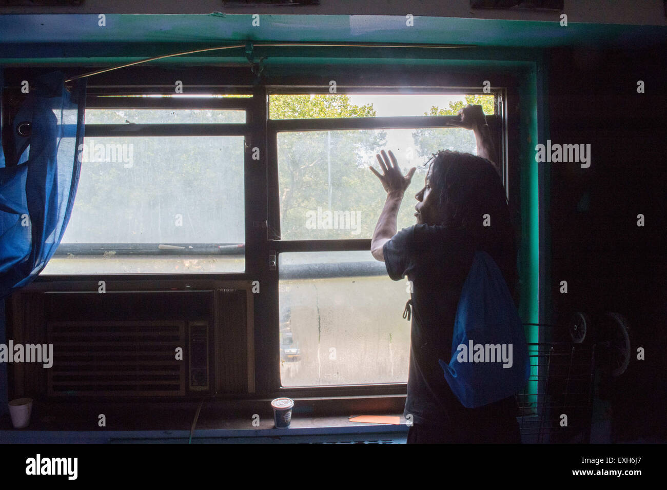 New York, NY, USA. 13th July, 2015. A broken bedroom window, Apartment ...