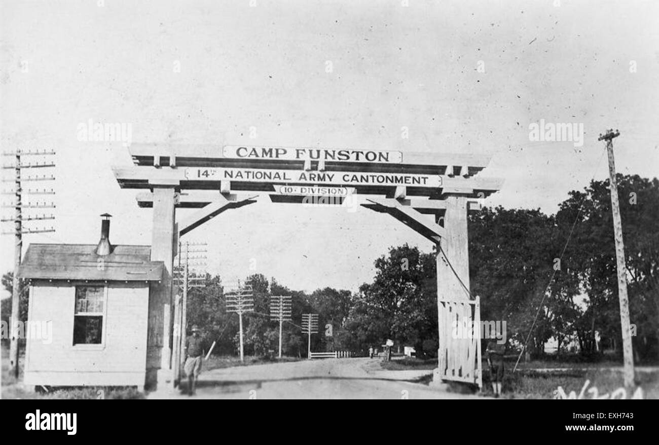 The entrance to Camp Funston, a historical U.S. military base, is shown ...