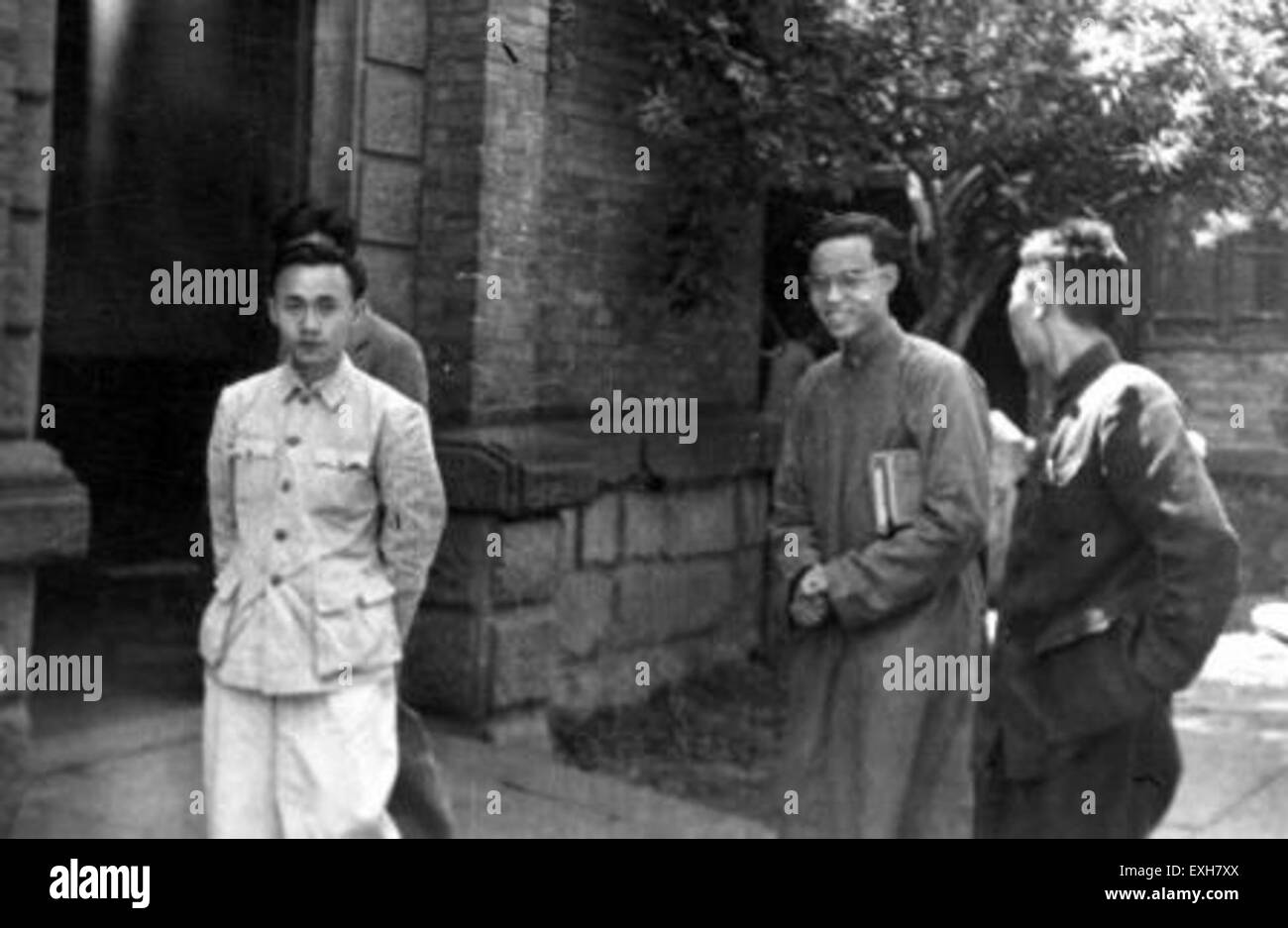 This photo depicts a group of Chinese men leaving a church service ...