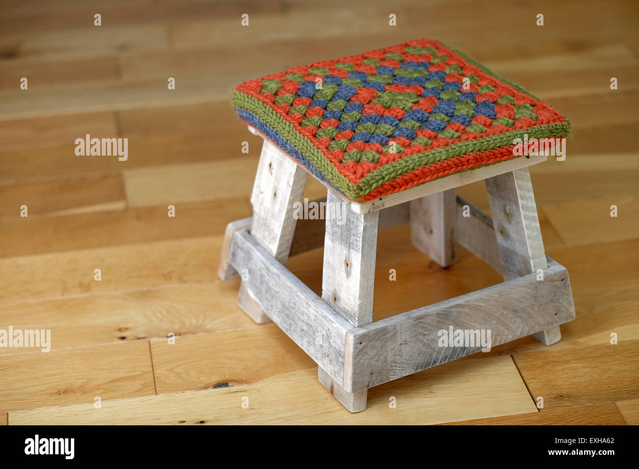 Hand made foot stool made from a recycled wooded pallet and a crochet ...