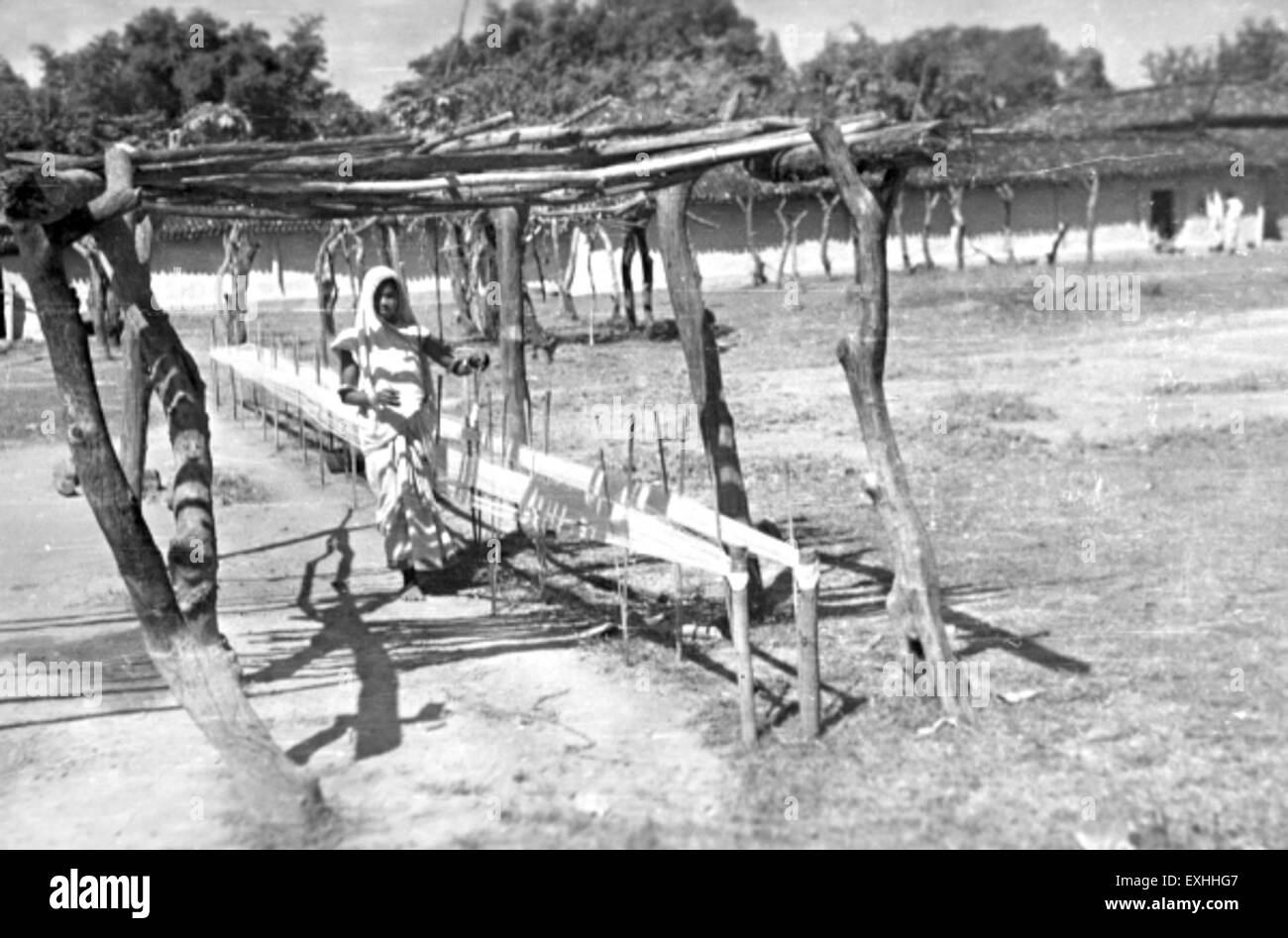 This 1952 photograph shows an Indian weaver preparing a loom. It ...