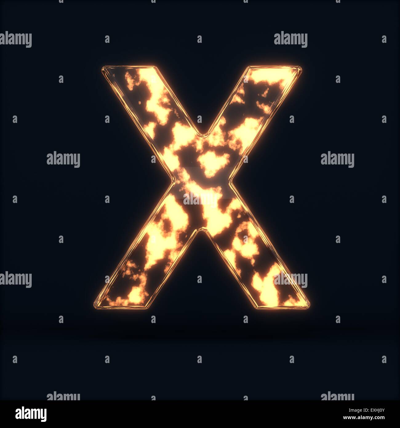 3d render of glass glowing fire letter X symbol on the dark background ...