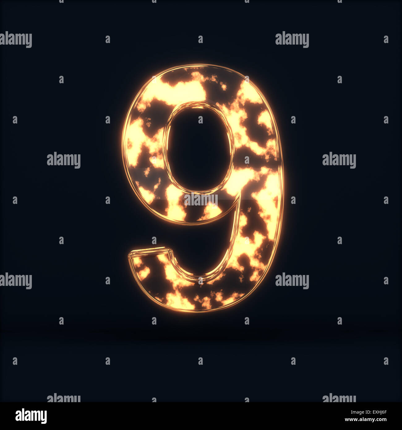 3d render of glass glowing fire digit nine symbol - 9 on the dark ...