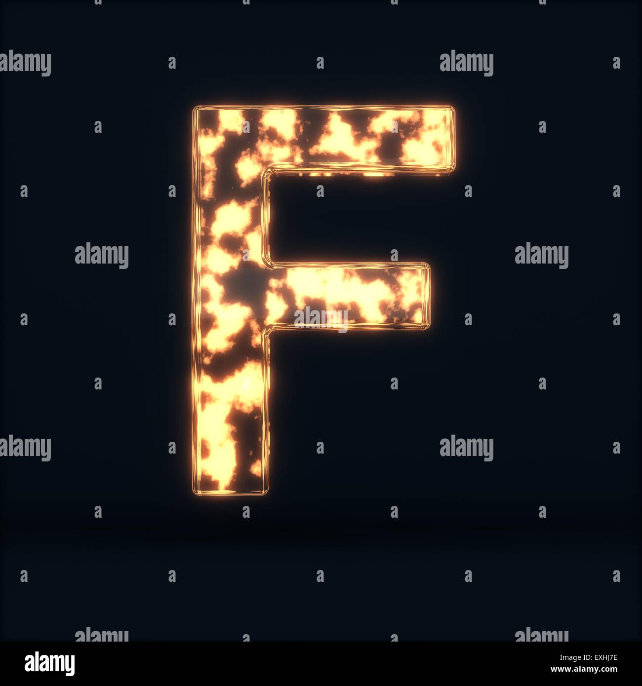 3d render of glass glowing fire letter F symbol on the dark background ...