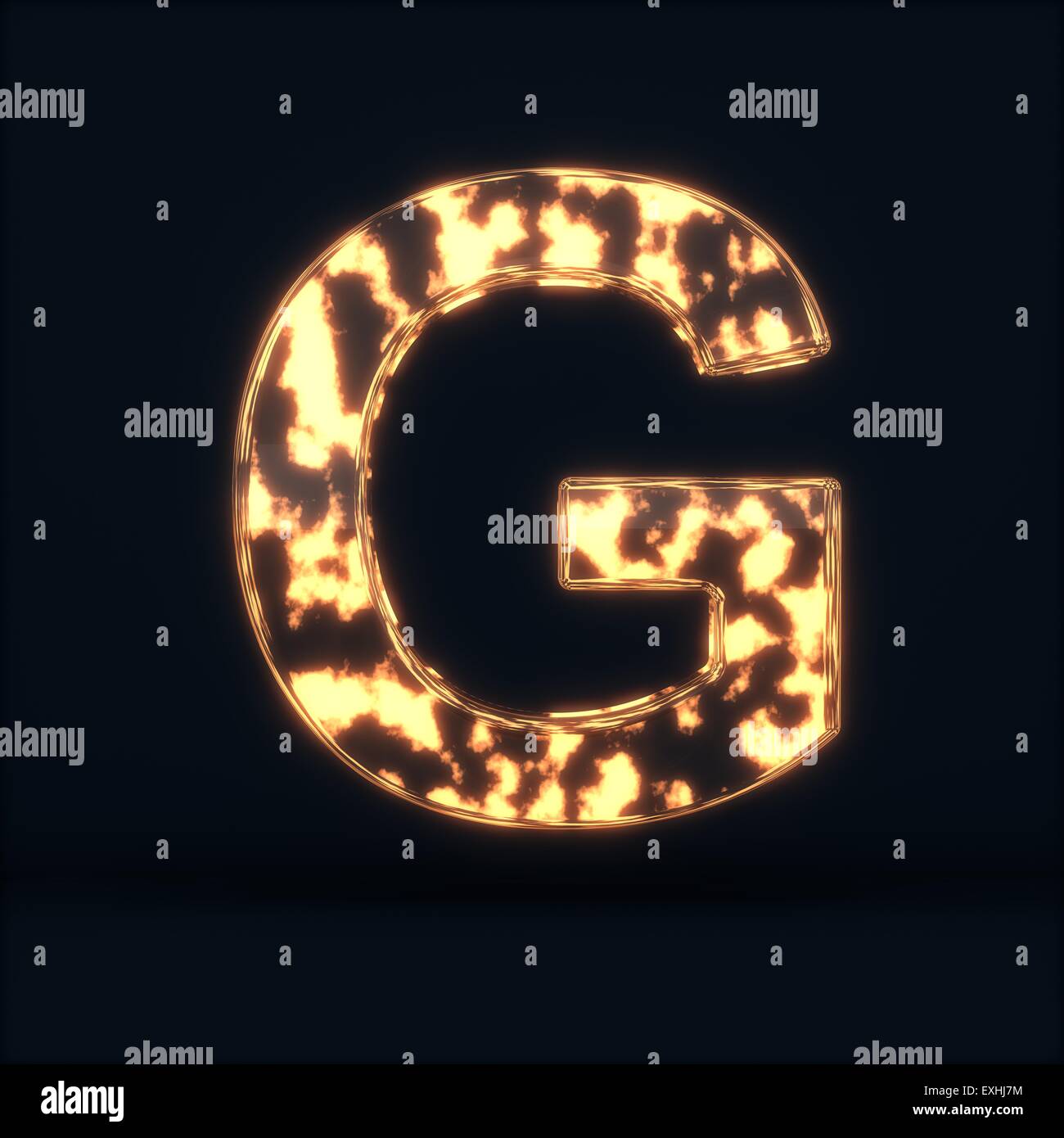 3d render of glass glowing fire letter G symbol on the dark background ...
