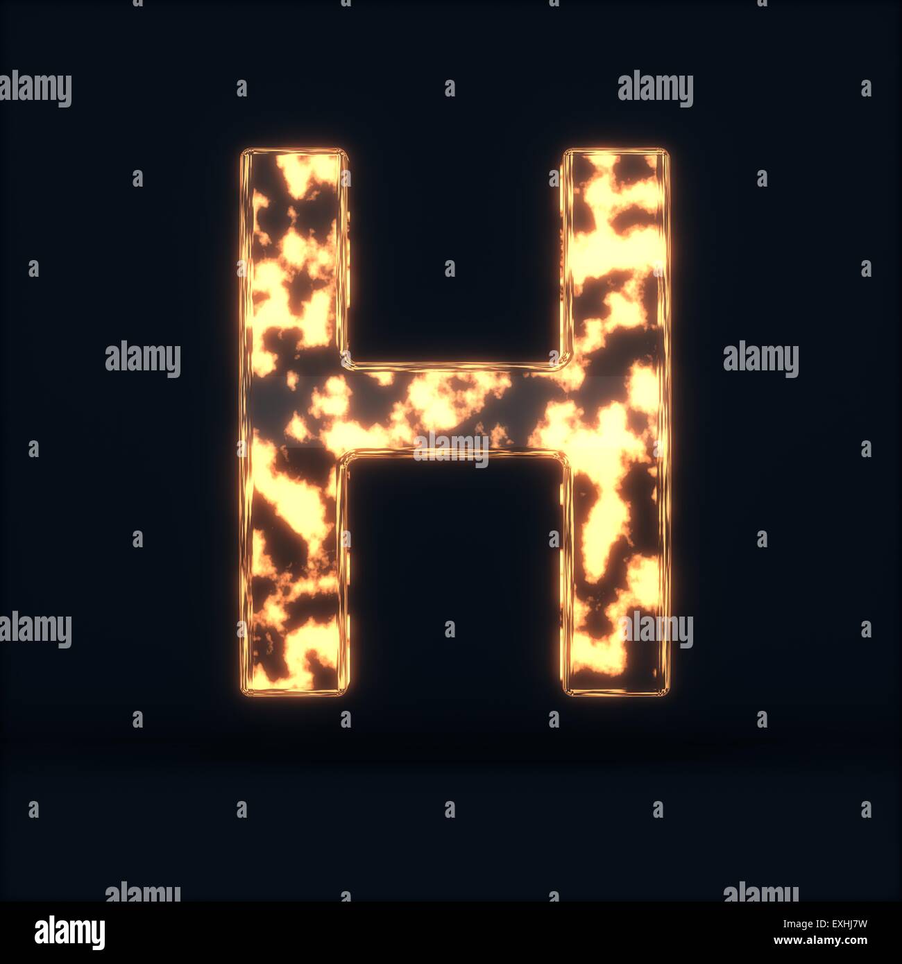 3d render of glass glowing fire letter H symbol on the dark background ...
