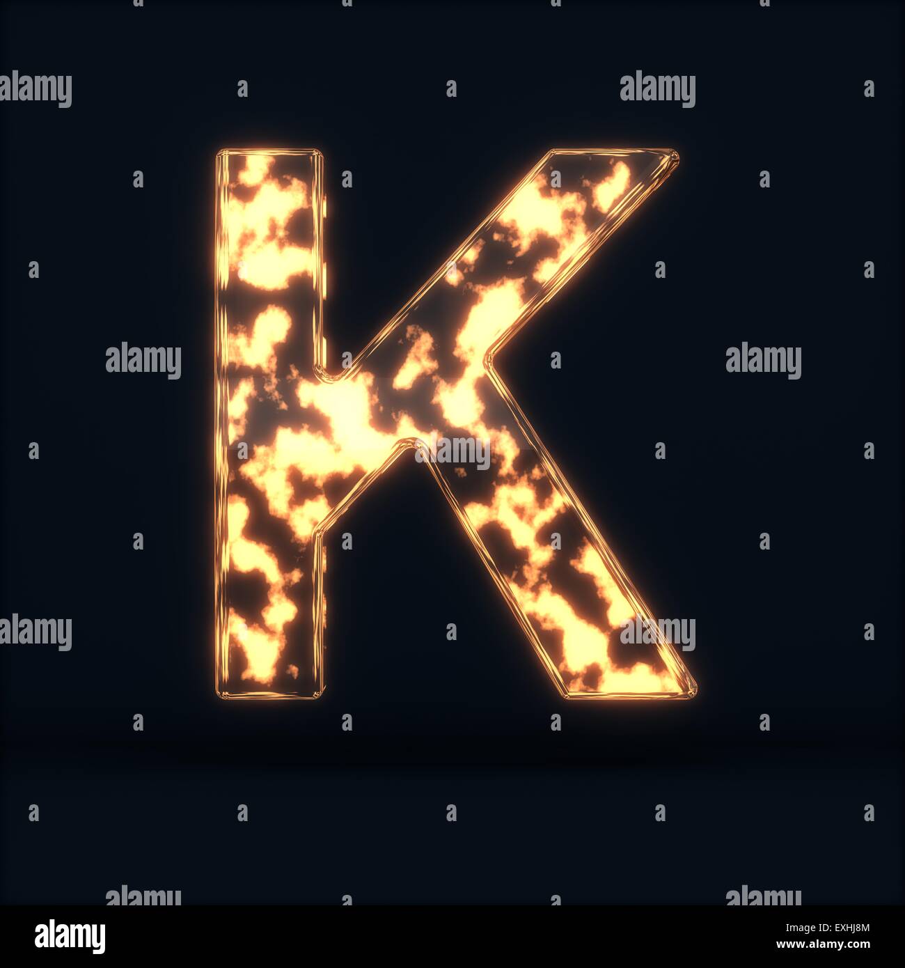 3d render of glass glowing fire letter K symbol on the dark background ...