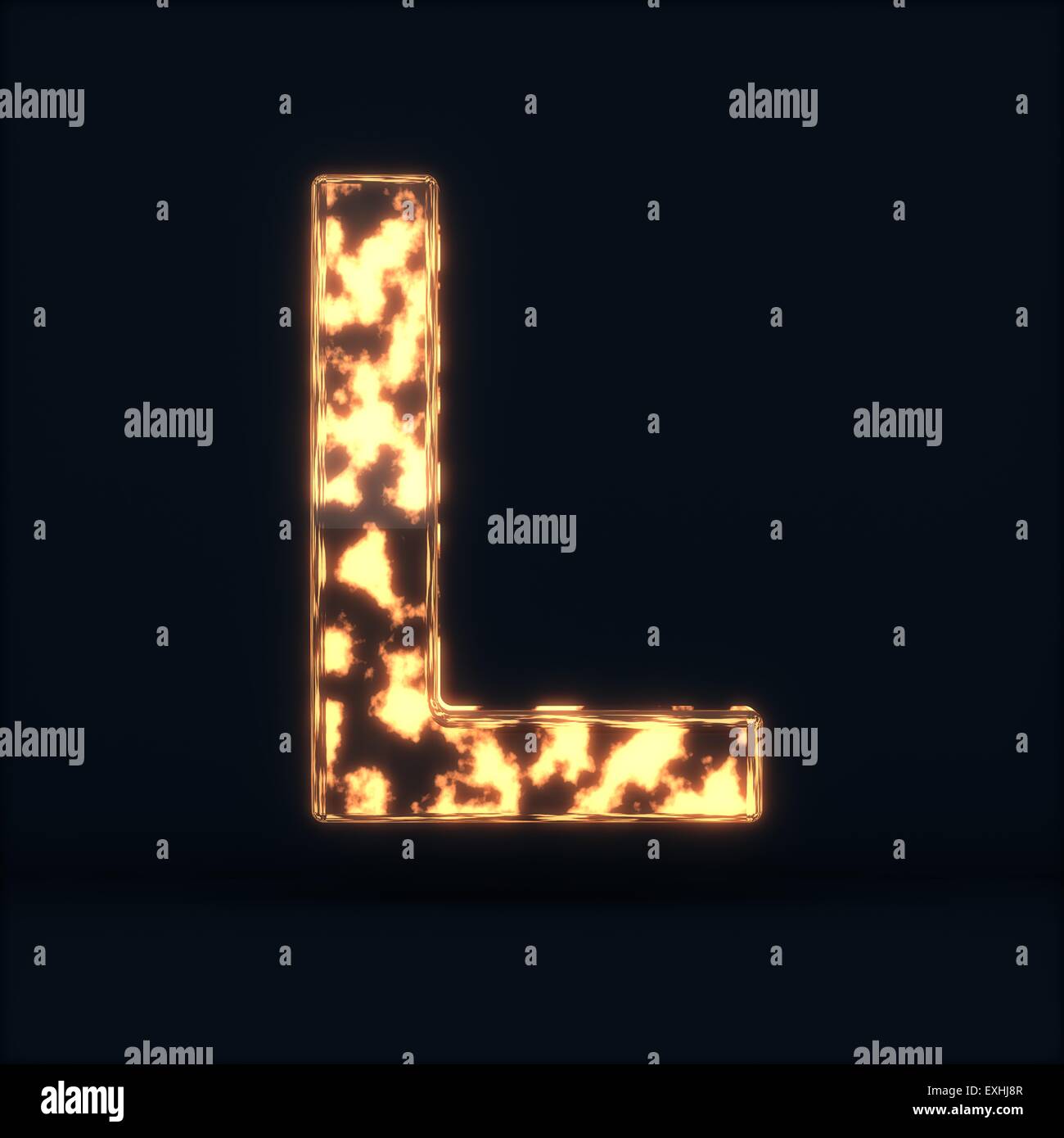 3d render of glass glowing fire letter L symbol on the dark background ...
