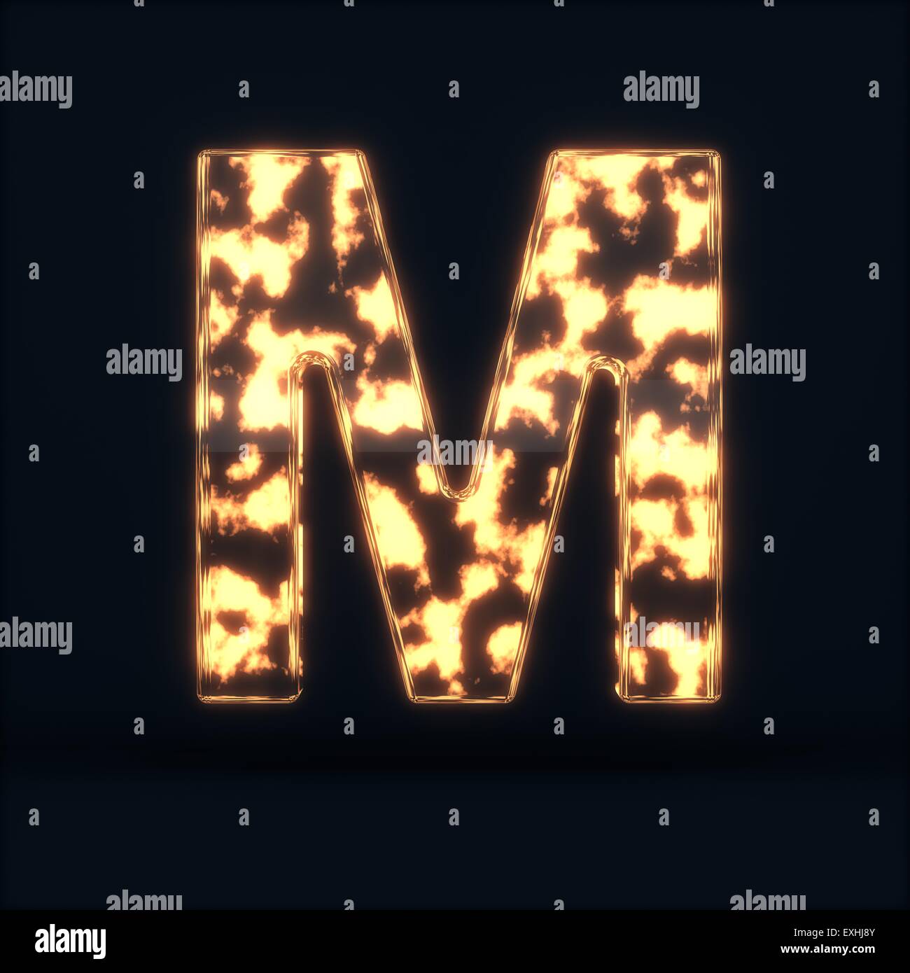 3d render of glass glowing fire letter M symbol on the dark background ...