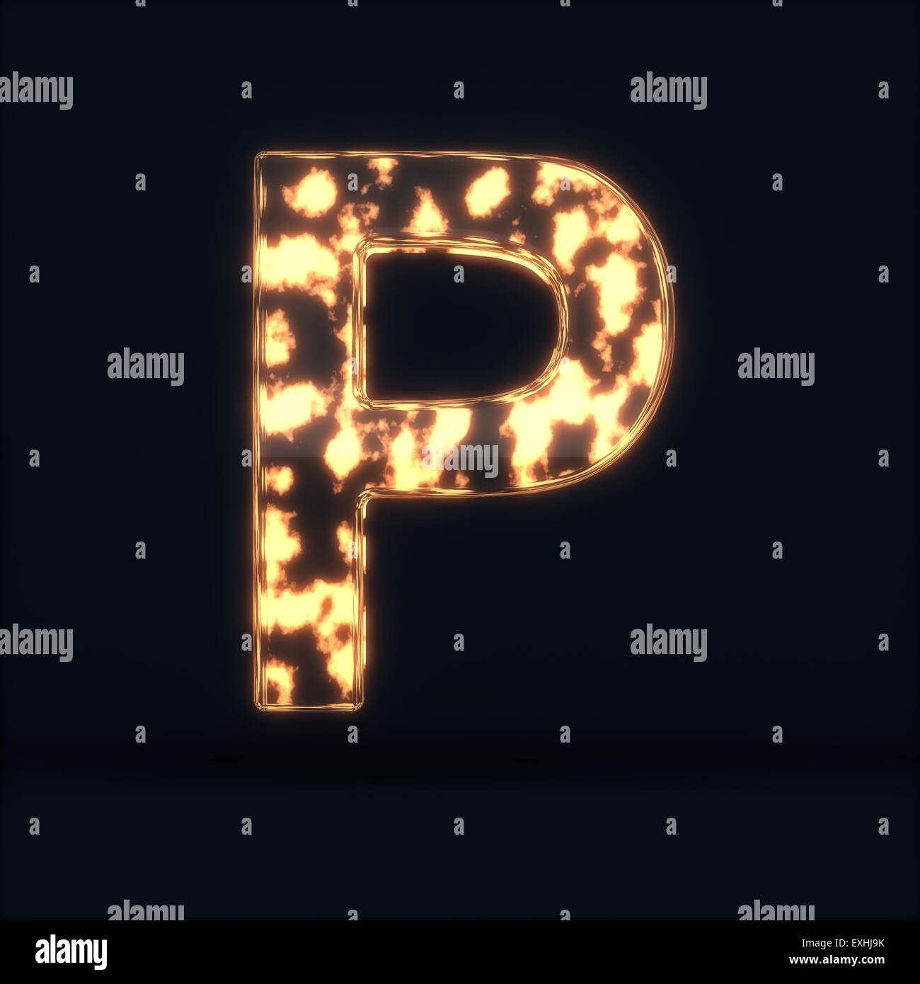 3d render of glass glowing fire letter P symbol on the dark background ...