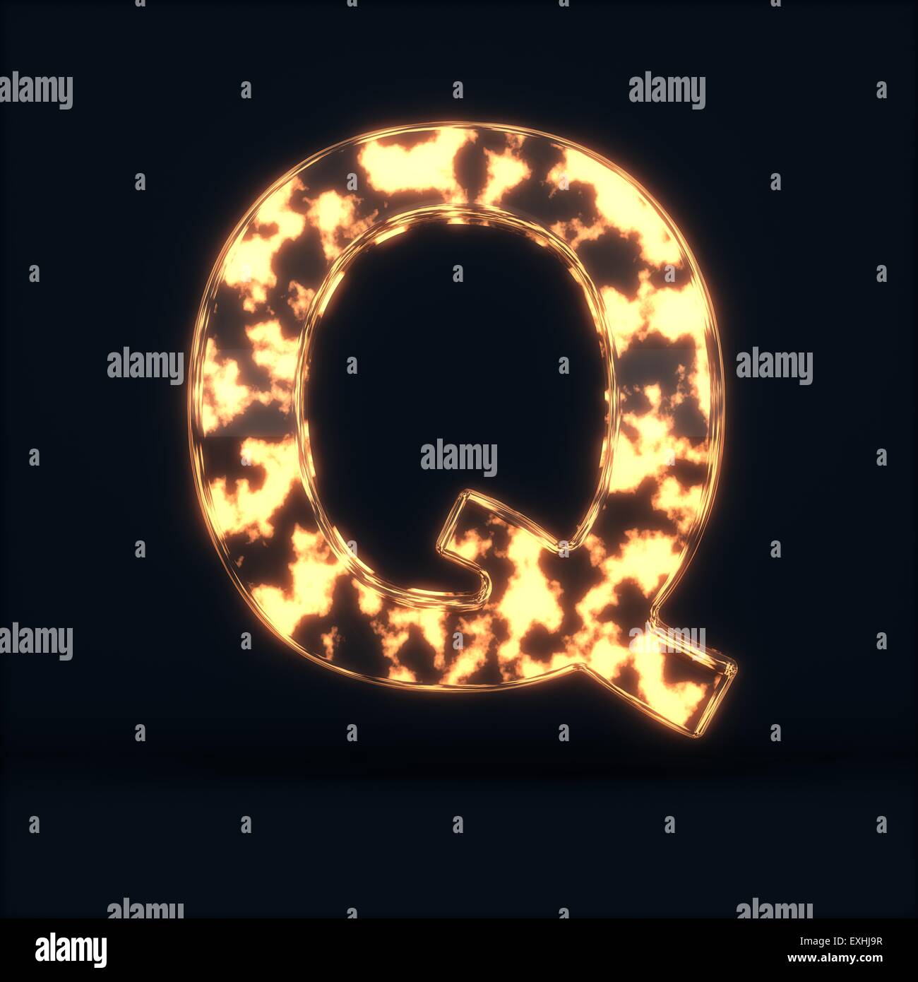 3d render of glass glowing fire letter Q symbol on the dark background ...