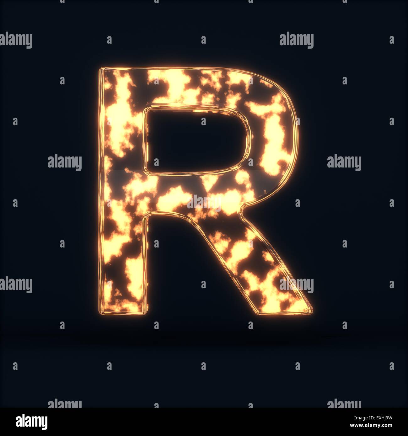 3d render of glass glowing fire letter R symbol on the dark background ...