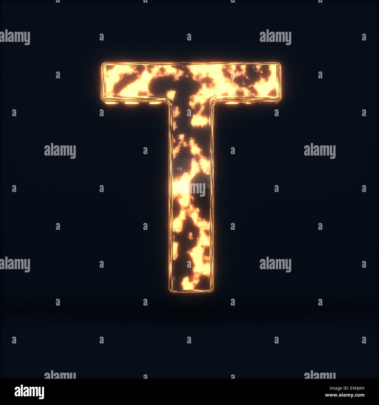 3d render of glass glowing fire letter T symbol on the dark background ...