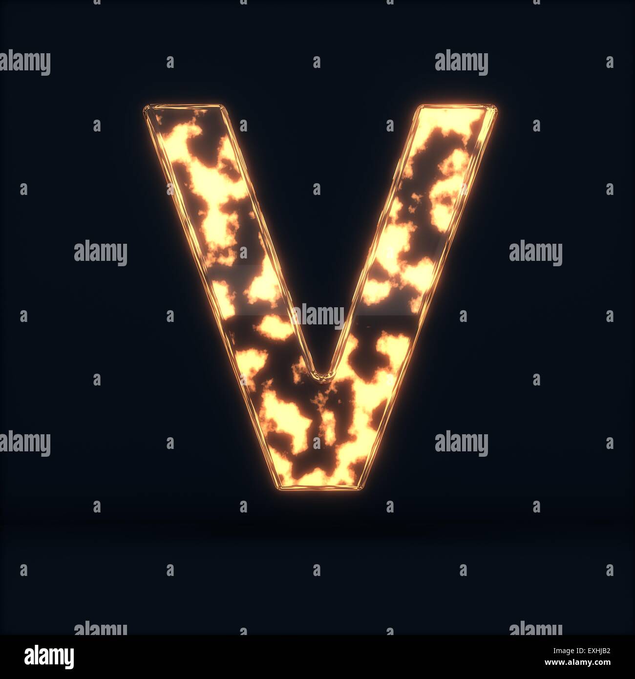3d render of glass glowing fire letter V symbol on the dark background ...