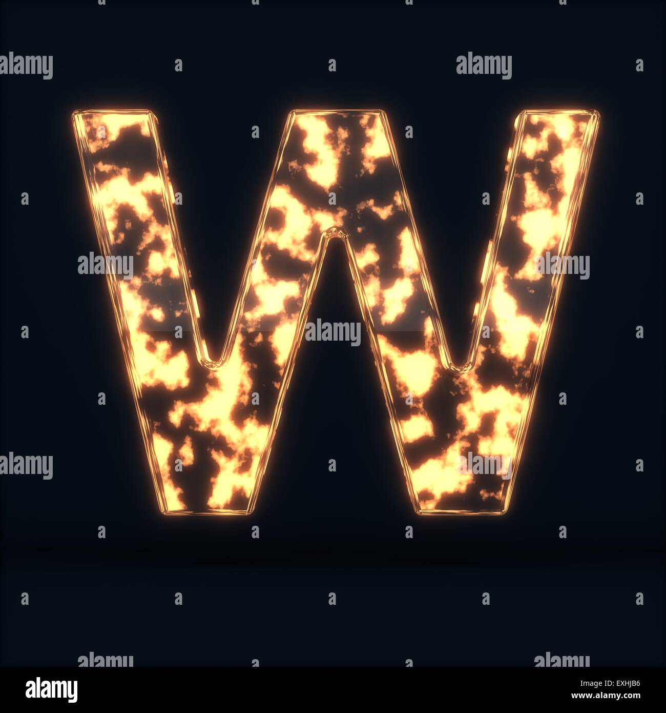 3d render of glass glowing fire letter W symbol on the dark background ...