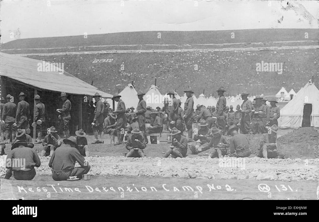 A depiction of 'Mess Time' in Detention Camp No. 2, showing the ...