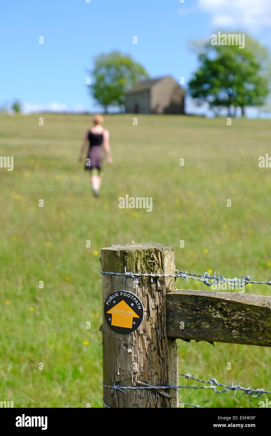 Female walker on footpath through fields near Longnor in the Peak ...