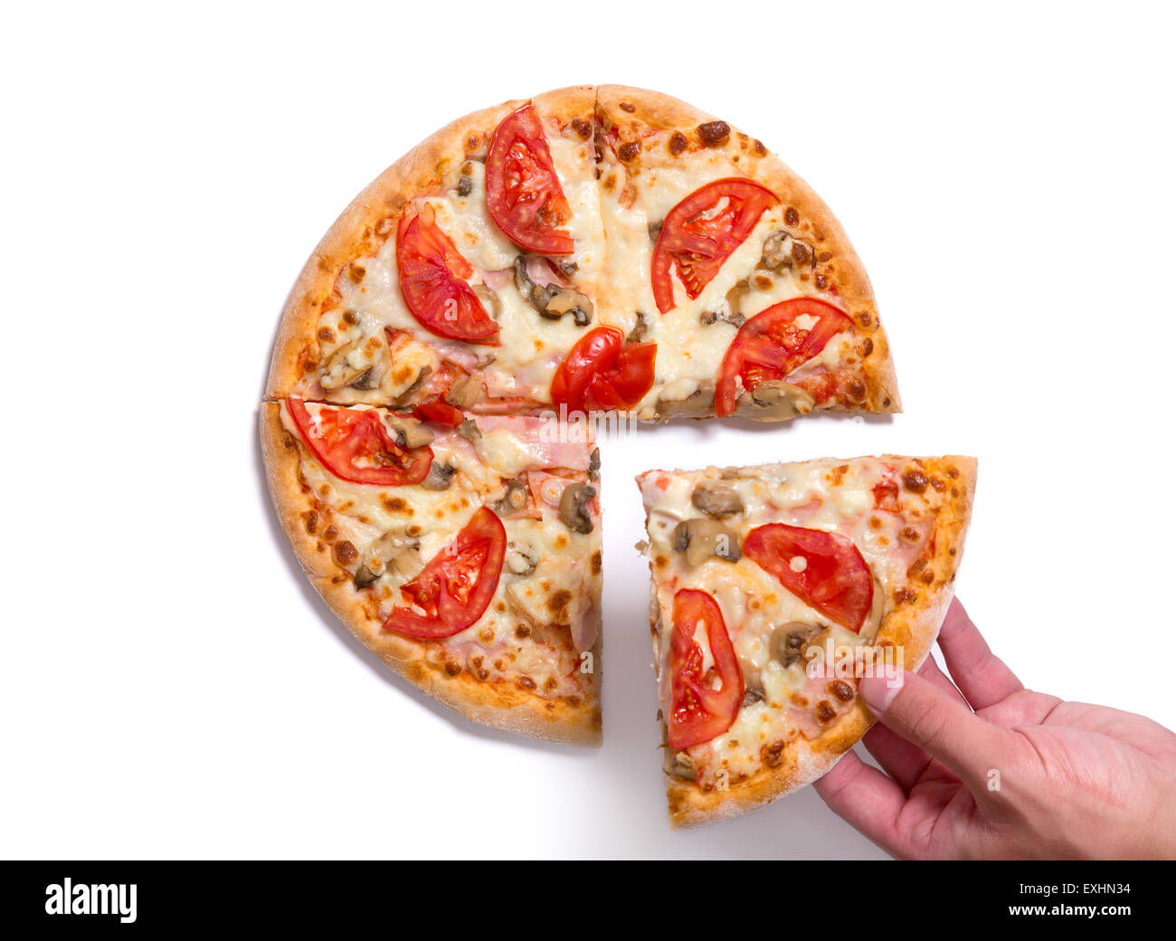 Man picking tasty pizza slice, top view, studio shot on white ...