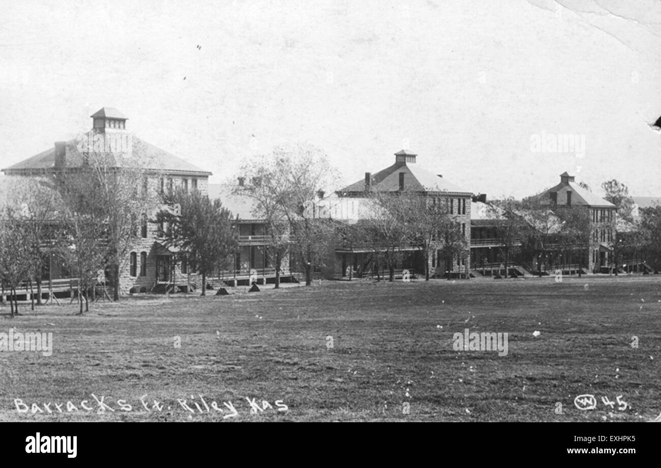 This historical photograph shows the Stone Barracks at Fort Riley, a U ...