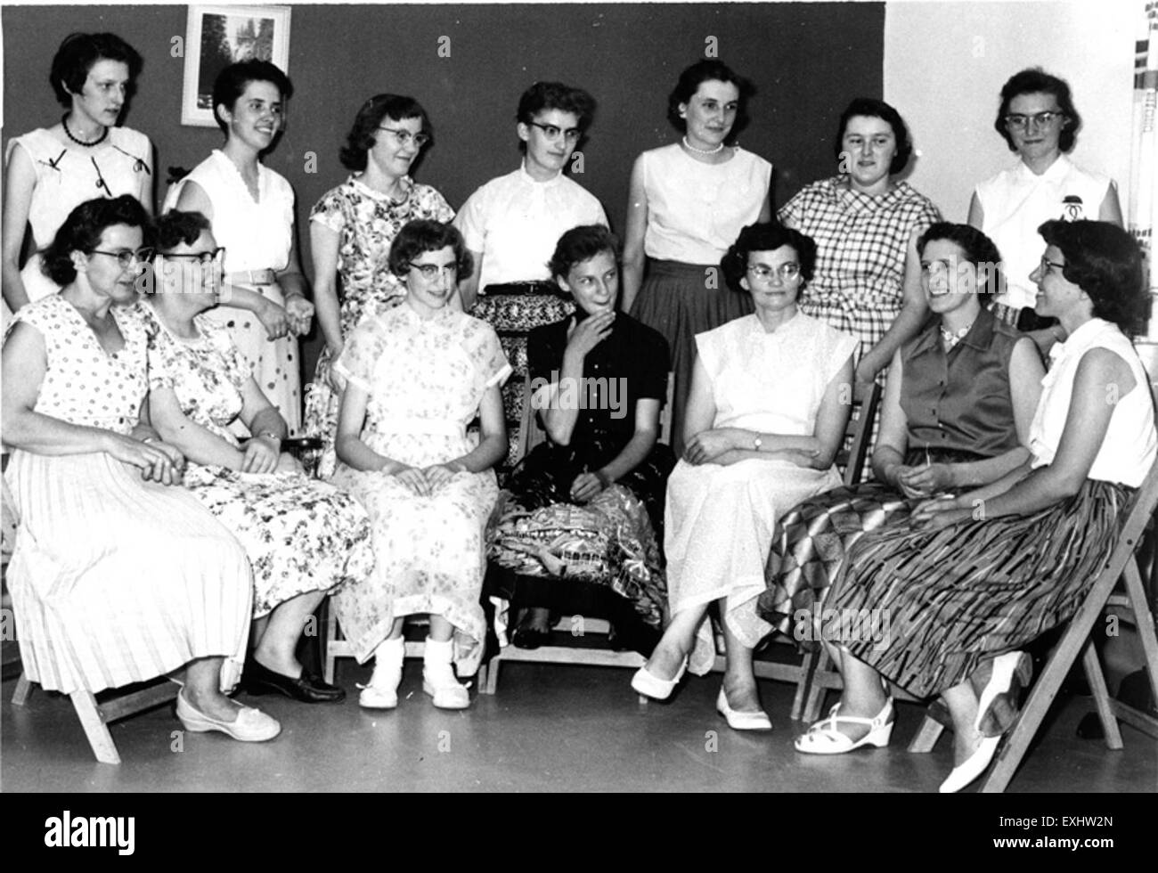 This photograph from 1958 shows a meeting of women involved in church ...