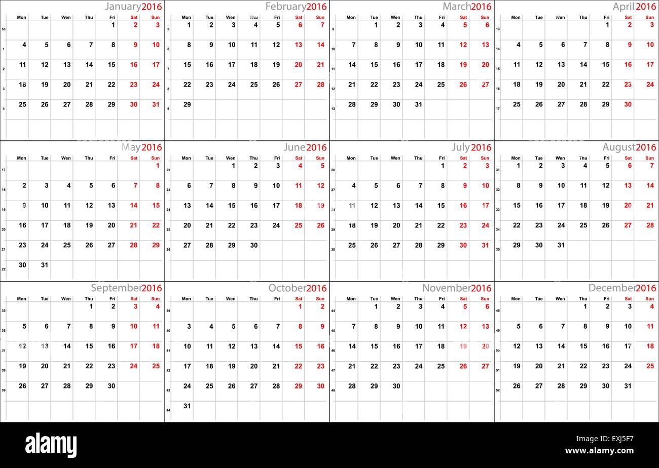 Vector calendar for 2016 eurostyle Stock Vector Image & Art - Alamy
