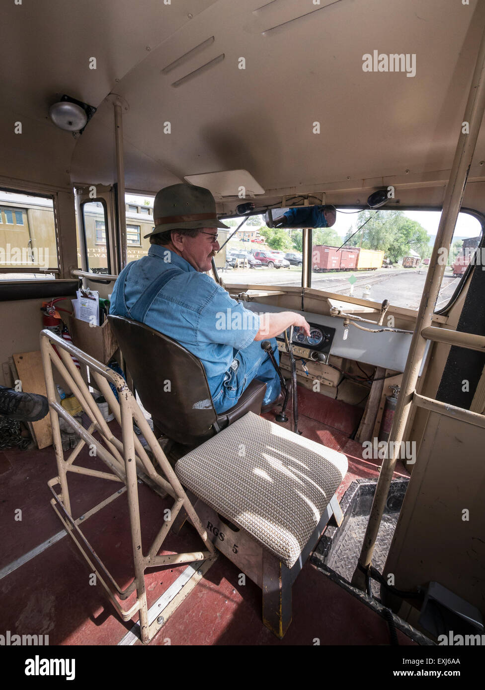 Motorman at the controls of Galloping Goose #5, Cumbres & Toltec Scenic ...