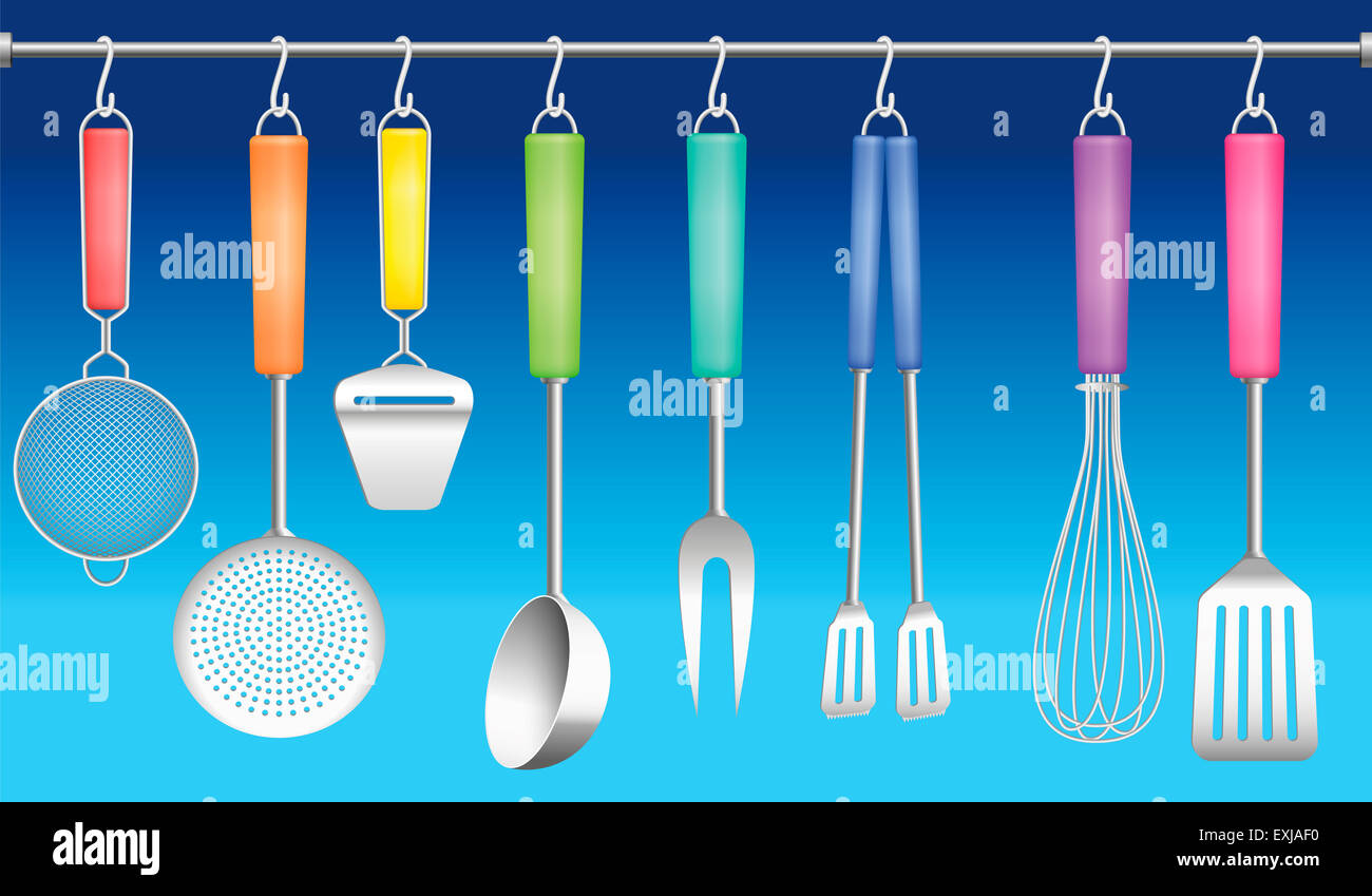 Colorful kitchen tools on a hanger - sieve, skimmer, cheese slicer ...