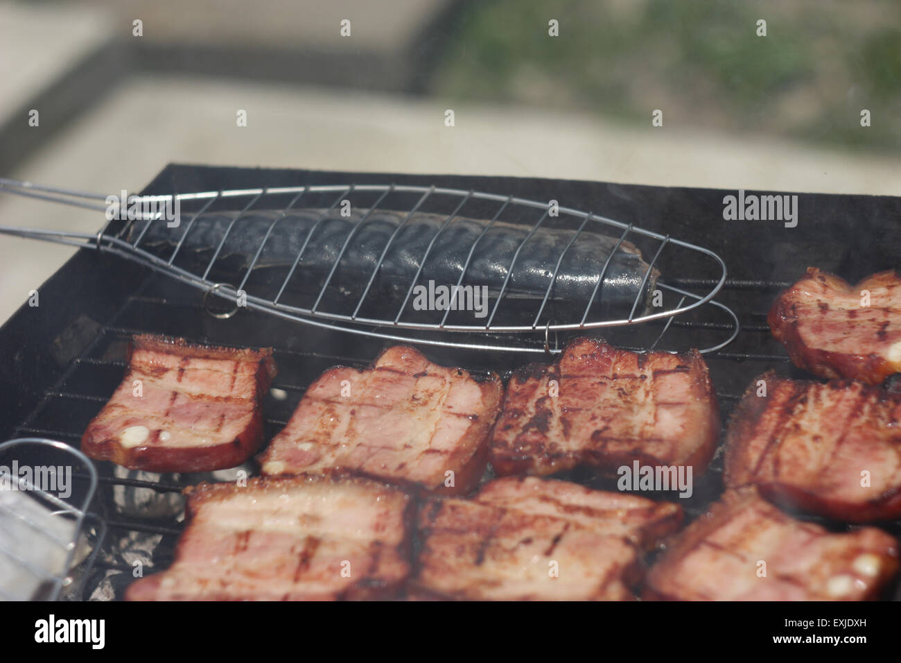 Barbecuing mackerel and red meat on charcoal fire closeup image Stock ...