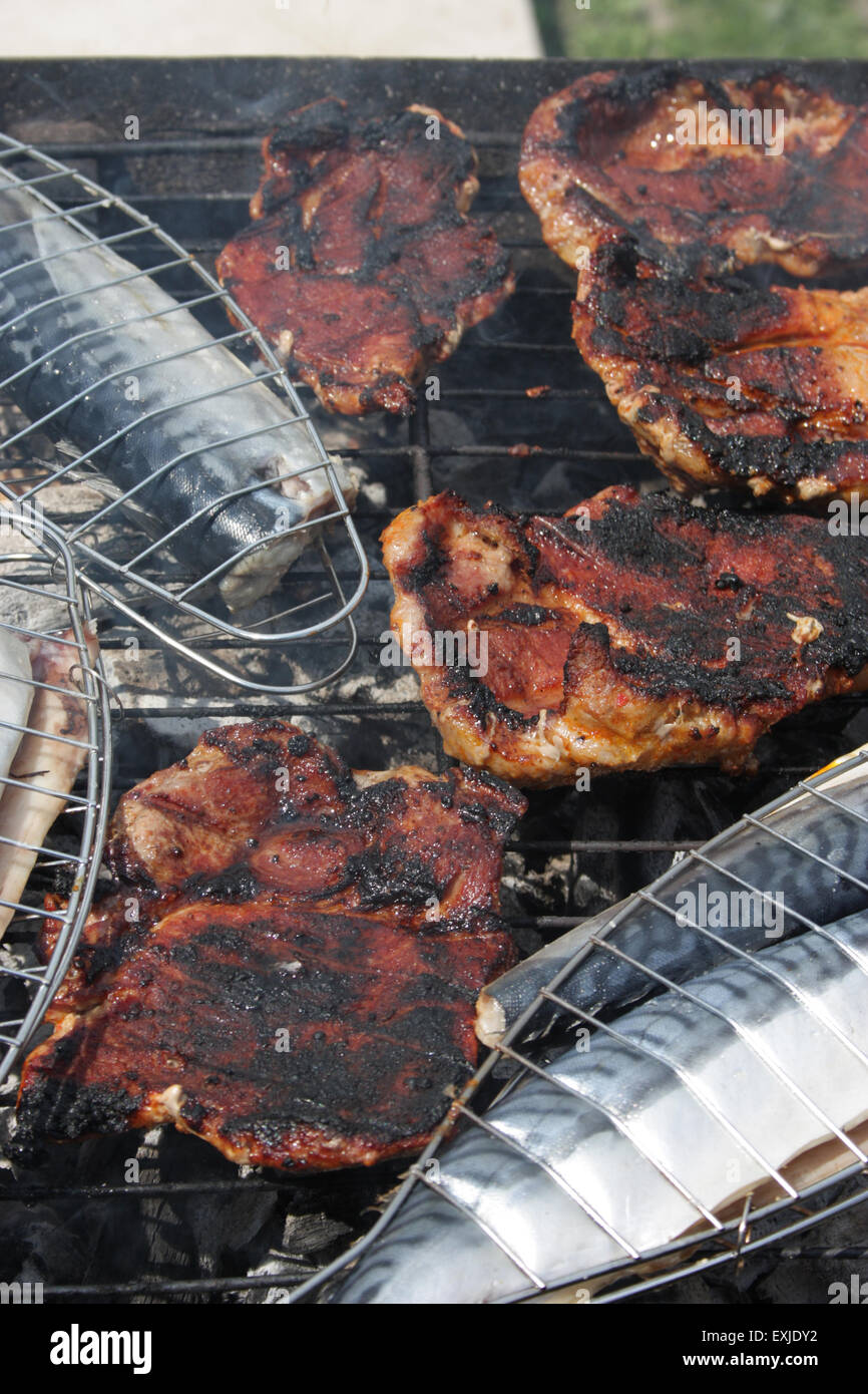 Barbecuing mackerel and red meat on charcoal fire closeup image Stock ...