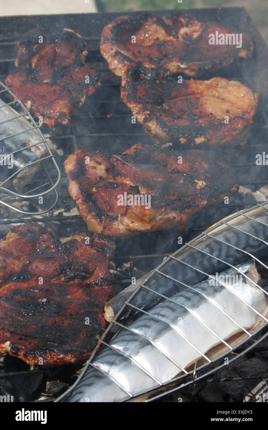 Barbecuing mackerel and red meat on charcoal fire closeup image Stock ...