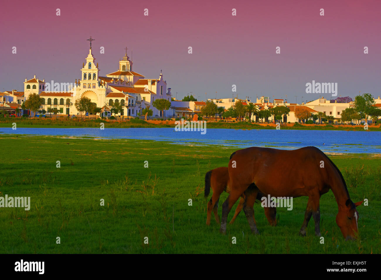 El Rocio village and Hermitage at Sunset, Almonte, El Rocio, Marismas ...