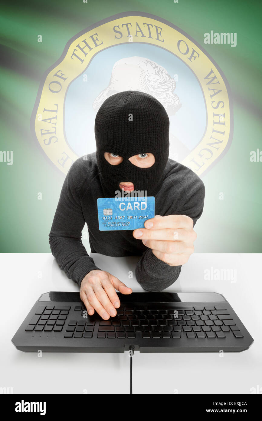 Hacker in black mask with USA state flag on background - Washington ...